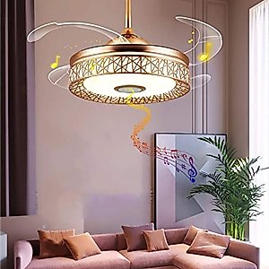 42 Inch Modern Golden Ceiling Fan with Light and Remote Control Bluetooth Music Playback Function 3 Colors 3 Speed Smart Ceiling Fan Light Kit LED Chandelier Ceiling Fan for Living Room Bedroom (Bird's Nest) (Gold) (Gold)