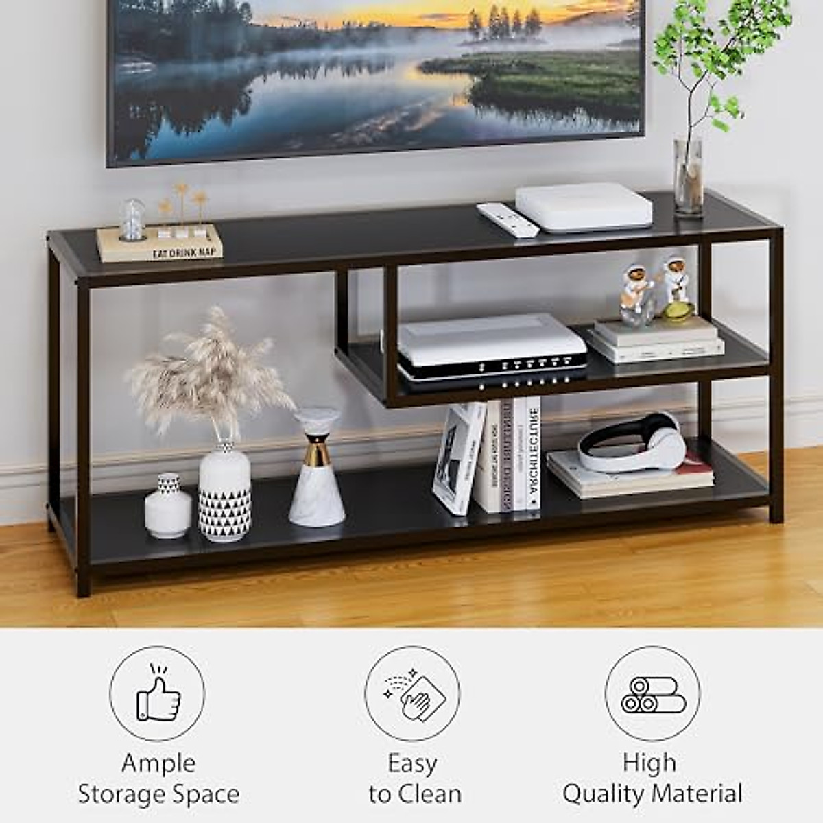 HOME BI TV Stand for 50-55 Inch TV, Entertainment Center with Storage, Wood Console for Living Room, Black Cabinet with Metal Frame