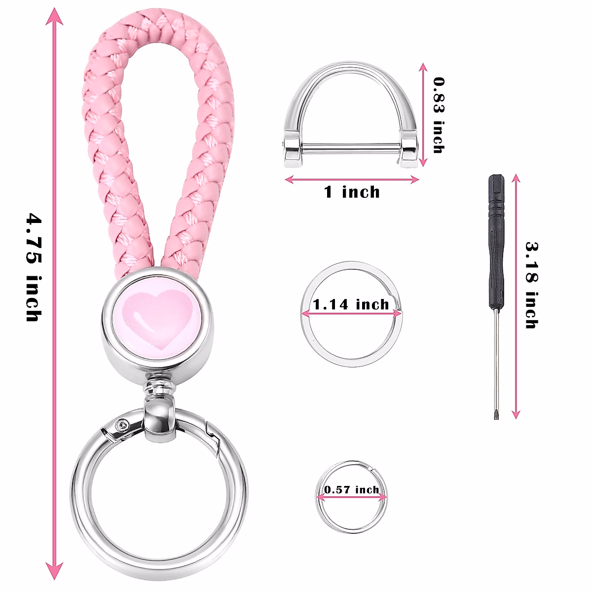 Weixiltc Braided Rope Keychain, Car Key Chain Holder with 4 Key Ring and Anti-Lost D Ring, Personalized Gift for Women (Pink)