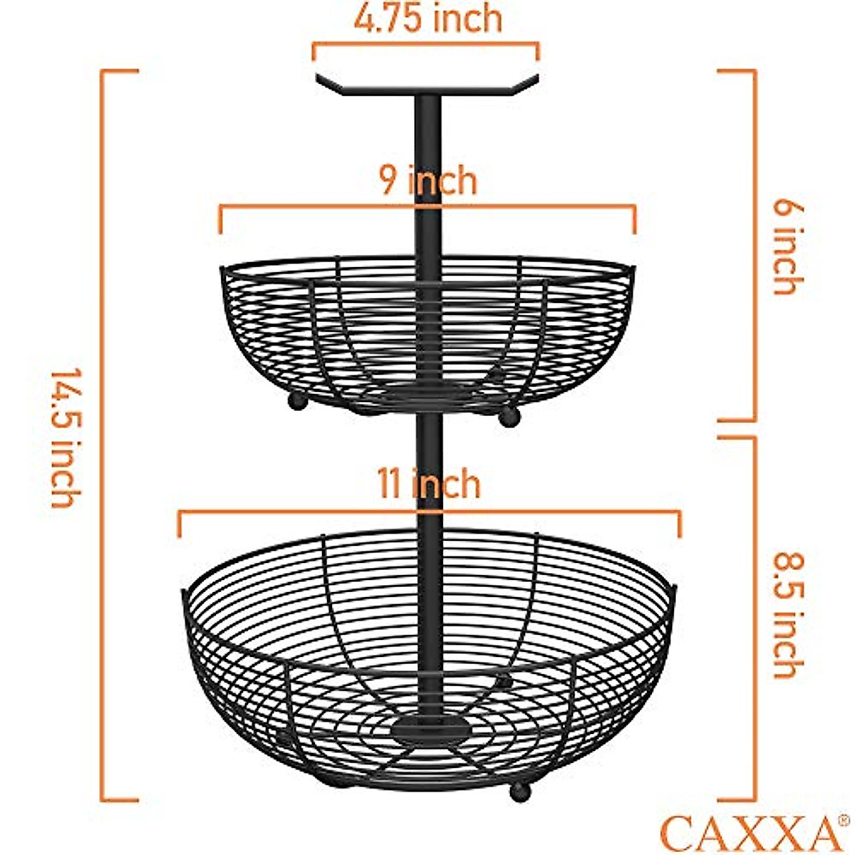 CAXXA 2 Tier Fruit Basket Bowl Kitchen Heavy Duty Wire Organizer, Black