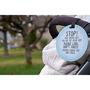 THREE LITTLE TOTS – Blue Stop Please Look Don't Touch Baby Car Seat Sign or Stroller Tag - CPSIA Safety Tested
