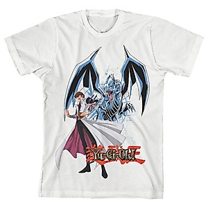 Yu-Gi-Oh! Seto Kaiba and Blue Eyes White Dragon Youth White Short Sleeve Crew Neck Tee-Large