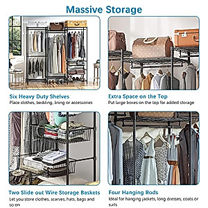 VIPEK V10S Wire Garment Rack Heavy Duty Clothes Rack Freestanding Closet Wardrobe Metal Clothing Rack with Sliding Baskets, 68.5" L x 17.6" W x 70.75" H, Max Load 800 LBS, Medium Size (Black)