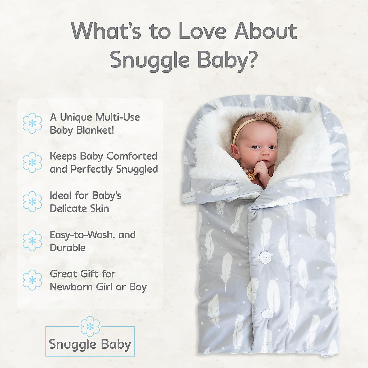 Snuggle Baby Swaddle Blanket for Baby Boy or Girl 0-9 Months - Multi Use Baby Wrap Swaddle - Soft, Plush Exterior and Warm Fleece Interior Lining Keep Newborn Snug and Cozy - Boho Feathers