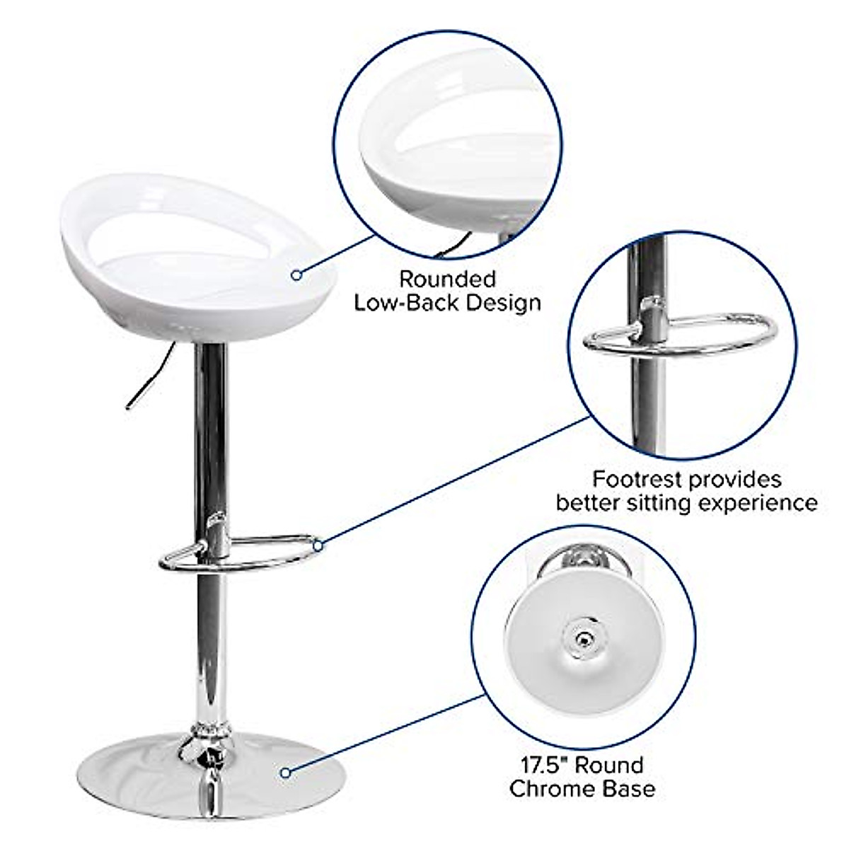 Flash Furniture Wilson 2 Pack Contemporary White Plastic Adjustable Height Barstool with Rounded Cutout Back and Chrome Base