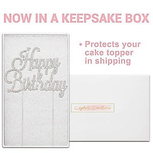 Happy Birthday Cake Topper - Premium Silver Metal - Happy Birthday Party Sparkly Rhinestone Decoration Makes a Great Centerpiece - Now Protected in a Box