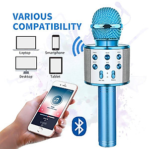 huxspoo Wireless Bluetooth Karaoke Microphone,Rechargeable Kids Microphone Karaoke Machine - Best Gifts for Kids Adults (Blue)