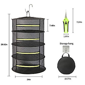 MVIFDUSGS Herb Drying Rack Net 4 Layer Black Mesh Drying Rack Hanging Drying net with Pruning Shears for Hydroponics (D24xH29.92inch)