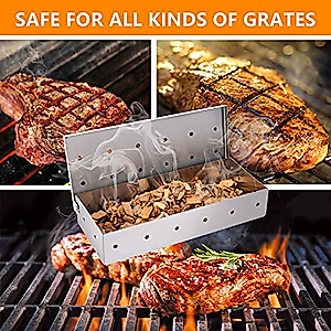 JUEMINGZI Smoker Box for BBQ Grill Wood Chips - 25% Thicker Stainless Steel Won't Warp - Barbecue Meat smoker for Charcoal and Gas Grills | Smoker grill tool