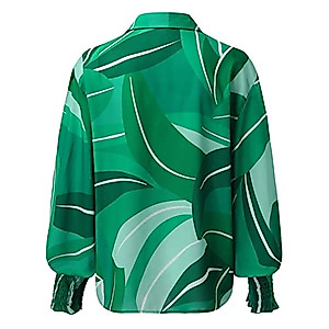 Button Down Shirts for Women Collared Long Lantern Sleeve Loose Fall Blouse Trendy To Wear with Leggings Patterned Autumn Tunic Tops Hawaii Boho Print Elastic Sleeve Summer Leaves Green