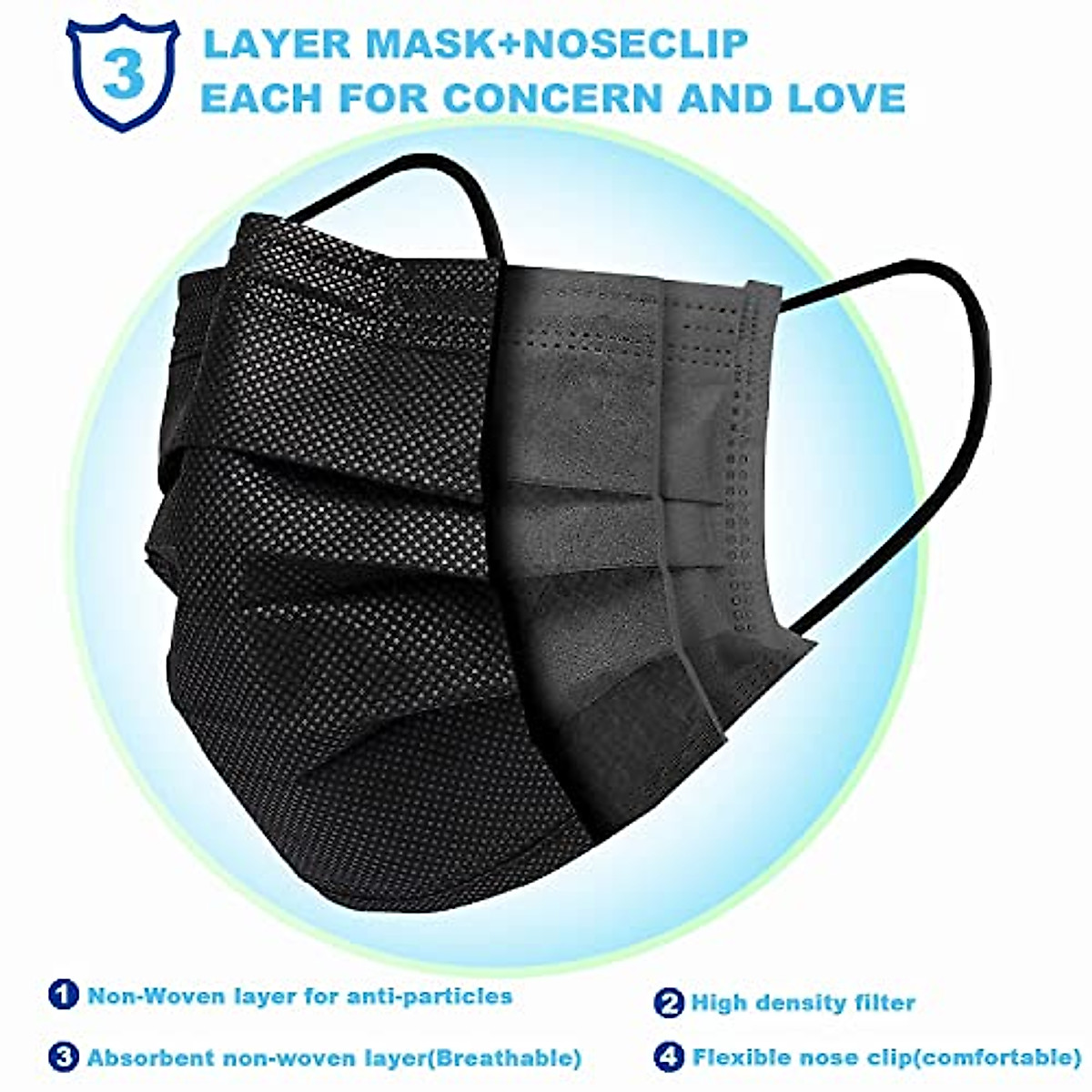 Black Disposable Face Masks, 100Pcs Adult Face Mask 3 Ply Safety Mouth-Cover with Elastic Earloops, Breathable Face Protection for Men & Women,non-medical