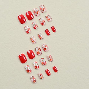 KKUUOO French Tip Press on Nails Square Fake Nails Medium False Nails with Colorful Flower Designs Cute Press on Nails Full Cover Acrylic Nails Stick on Nails Glossy Glue on Nails for Women 24Pcs