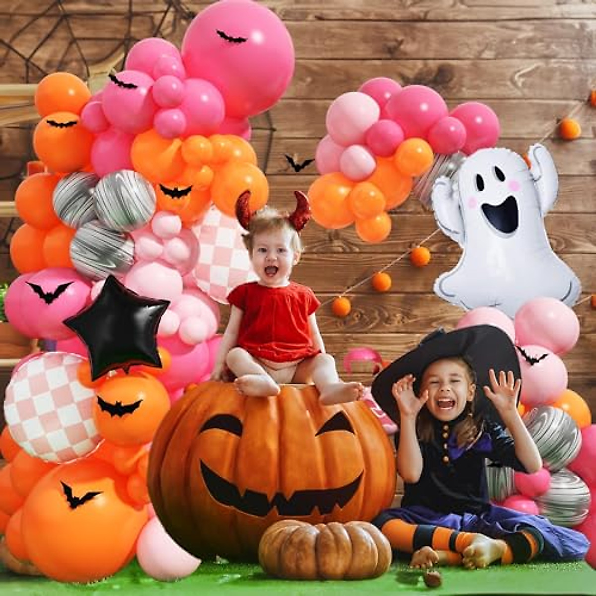 Jobkoo Halloween Balloon Arch BOO Halloween Decor Ghost Star Foil Balloons Pink Orange Latex Balloon Garland Kit 3D Bat Sticker for Kids Happy Halloween Themed Baby Shower Birthday Party Decoration