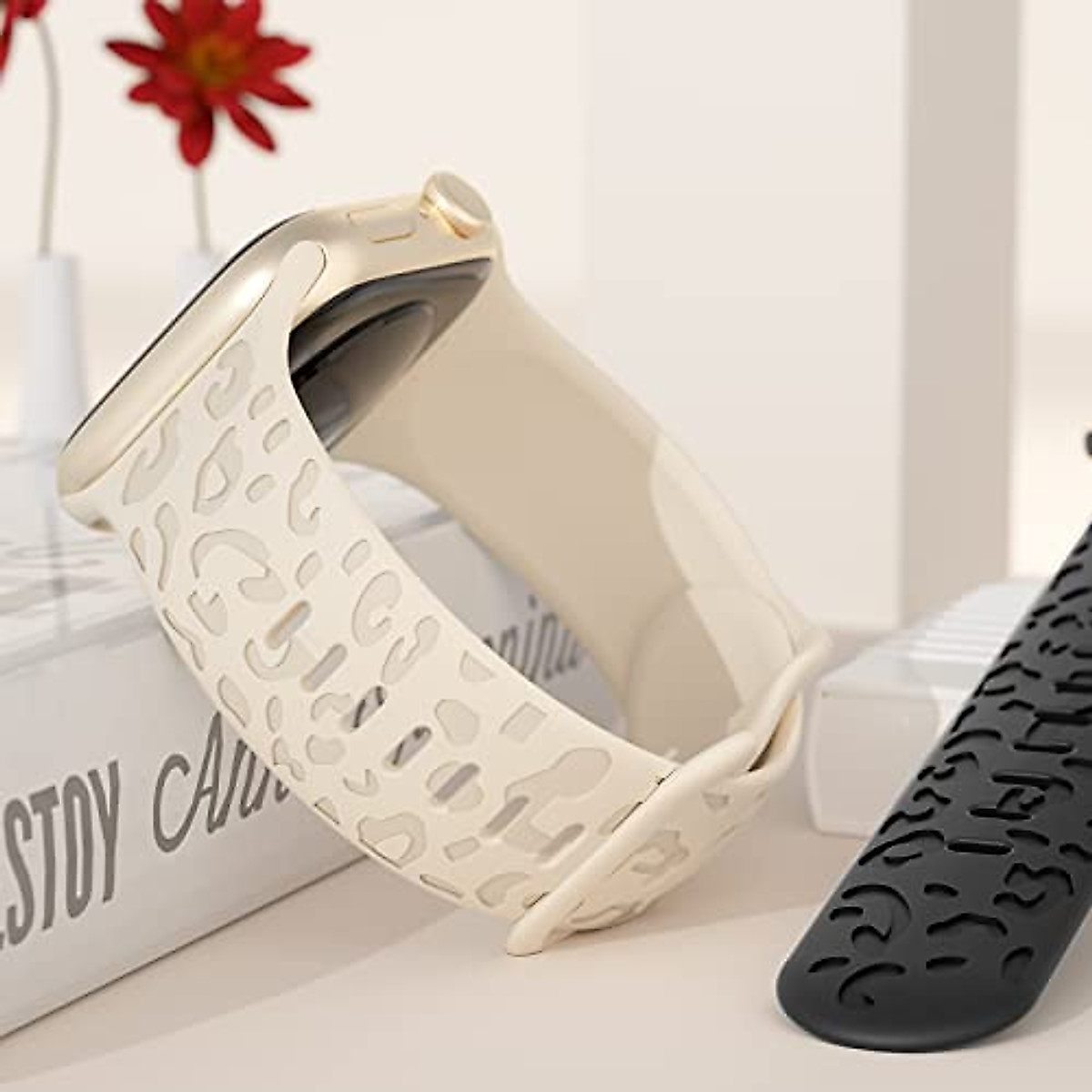 3 Pack Leopard Engraved Band Compatible with Apple Watch Band 41mm 40mm 38mm 45m 44mm 42mm Women Men, Cheetah Printed Soft Silicone Straps for iWatch Series 8 7 SE 6 5 4 3 2 1, Black/Gray/Sand Pink