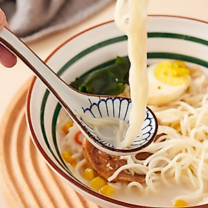 JOBNTZ Asian Soup Spoon,Ceramic Ramen Spoon,6.4inch Japanese Pho Spoon with Long Handle for Miso,Dumpling,Noodles,Wonton (Blue and White Porcelain, Set of 4)