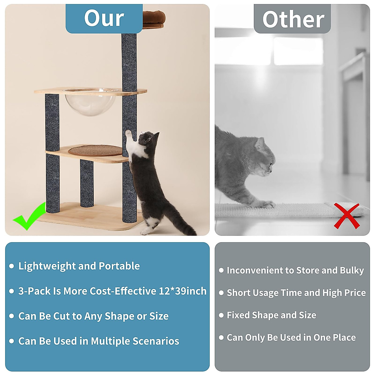 Yoanxong Cat Scratching Mat, 3 Pack 39.9" X 11.8" Trimmable Self-Adhesive Cat Scratching Mat, Sofa Furniture Wall Cat Scratching Board Cat Scratching Mat, Multifunctional Protective Pad for Furniture