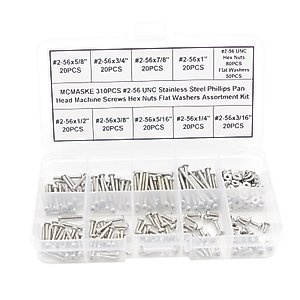 MCMASKE 310PCS #2-56 UNC Stainless Steel Phillips Pan Head Machine Screws Hex Nuts Flat Washers Assortment Kit