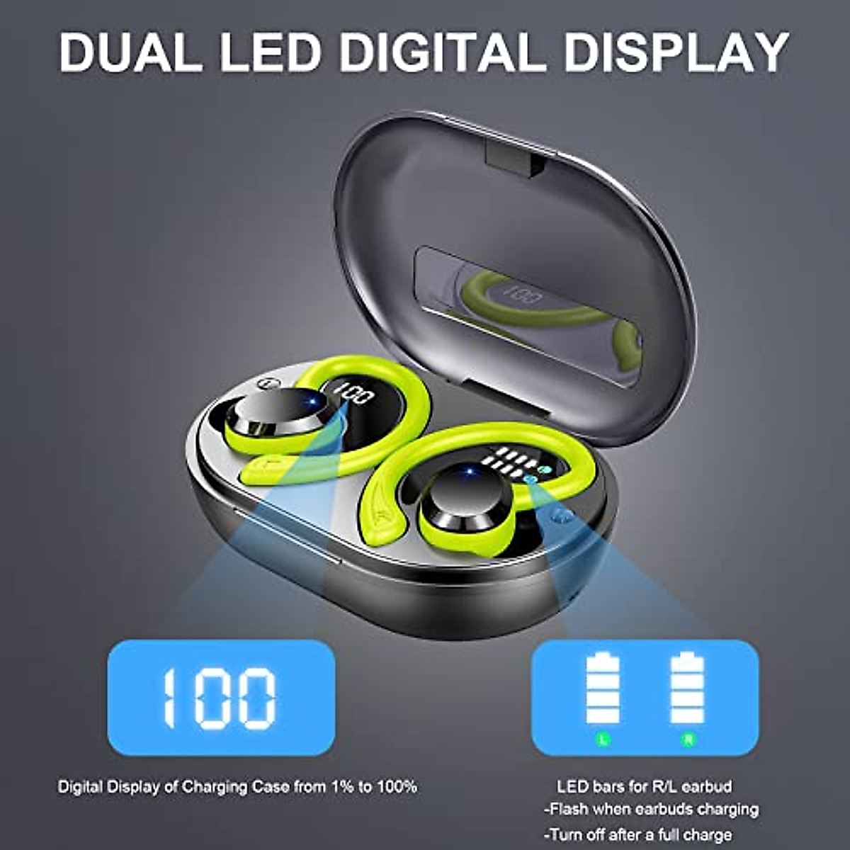 Wireless Earbud, Sport Bluetooth 5.3 Headphones with Earhooks Bluetooth Earbud in-Ear with Immersive Sound, Wireless Earphones IP7 Waterproof, Dual LED Display, 48H Playtime, Noise Cancelling, Running