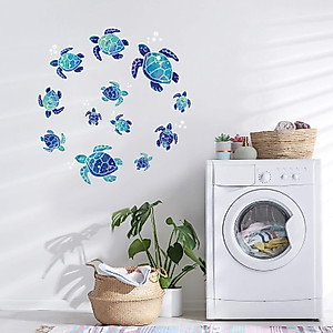 12 Pcs Sea Turtle Wall Decals Ocean Turtle Vinyl Stickers Underwater Bathroom Decals Waterproof Wall Sticker Decoration for Home Office Nursery Room Toilet (Blue)