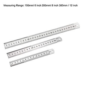 uxcell Straight Ruler 150mm 6 Inch 200mm 8 Inch 300mm 12 Inch Metric Stainless Steel Measuring Ruler Tool with Hanging Hole Inch & Centimeters Precision Drawing Ruler 1 Set