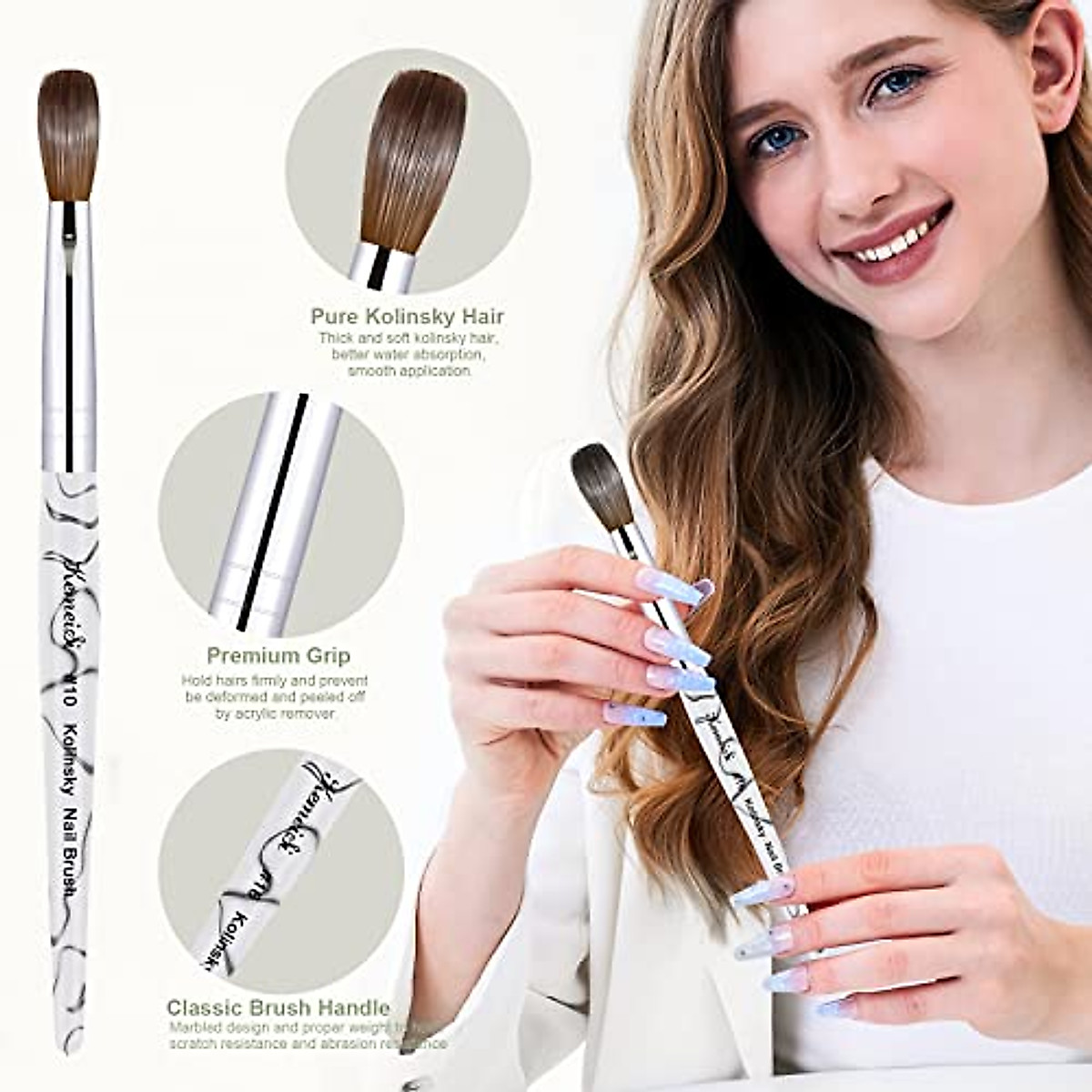 Acrylic Nail Brush Size 10,KEMEISI 100% Pure Kolinsky Nail Art Brushes Sturdy Marble Handle Oval Shaped Acrylic Powder Nail Design Tools for Professional Manicure DIY Home Salon (White)