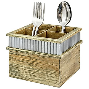 MyGift Rustic Brown Wood Kitchen Utensil Holder for Countertop with 4 Compartments and Corrugated Galvanized Metal Panel Design, Silverware and Flatware Storage Organizer