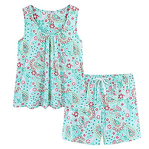 CHUNG Women's Cute Cotton Pajama Set Cartoon Tank Tee Shorts Sleepwear Summer Plus Size, GreenPaisley, Medium