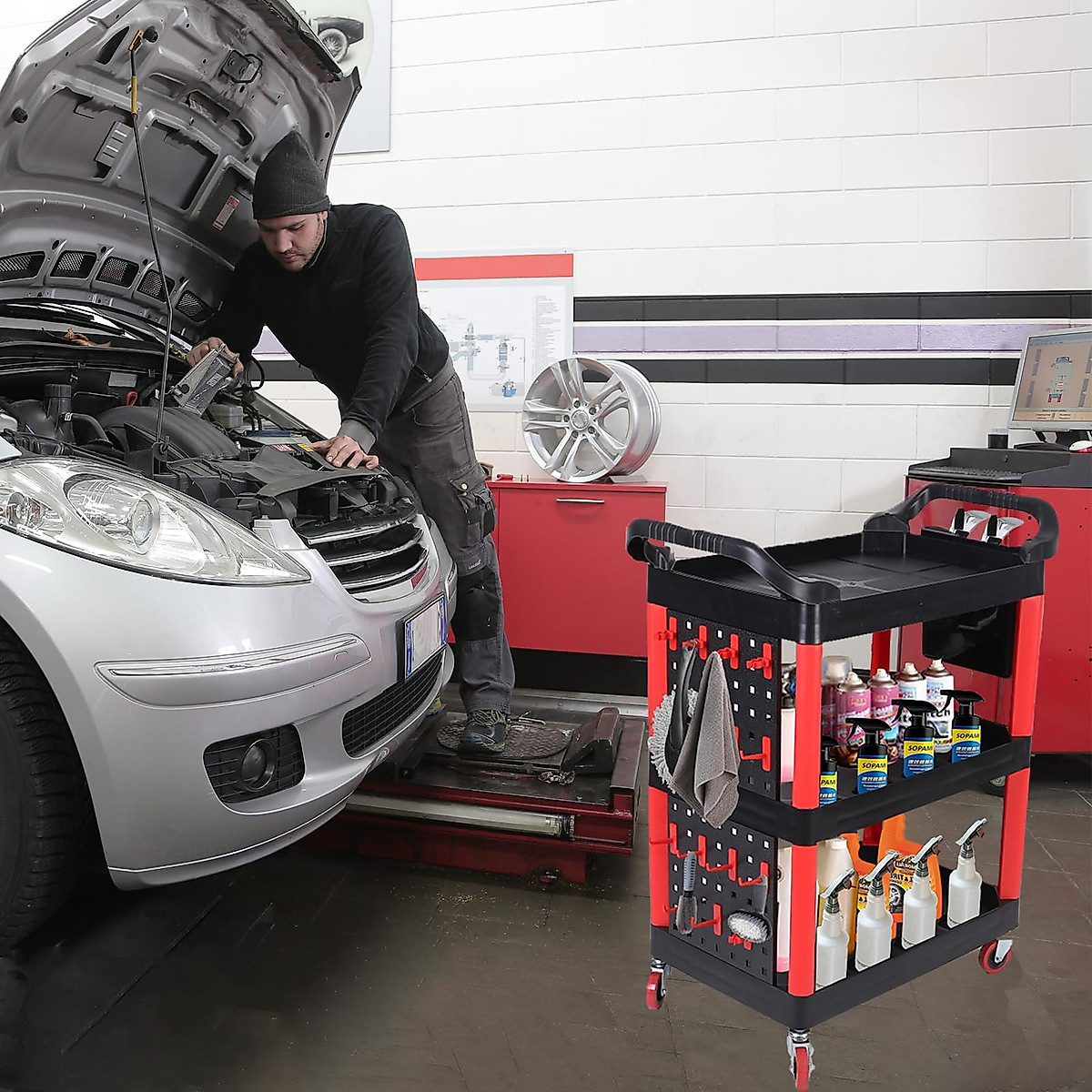 Auto Detailing Tool Cart, 3 Tier Service Rolling Utility Carts 550 lb Car Organizer Heavy Duty with Wheels Side Hanging Plate & Hooks for Car Salons Train Carriages Warehouse, Home DIY