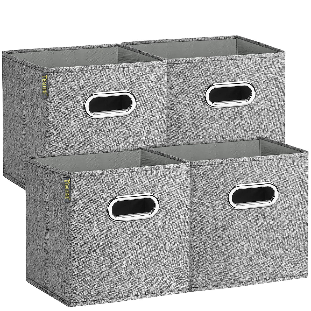 BALEINE Premium Foldable Cube Storage Bins, Collapsible Linen Fabric Cube Organizer with Aluminum Handles, 10.5" x 10.5" x11" Heavy Duty Cube Baskets, Winter Gray 4 Pack