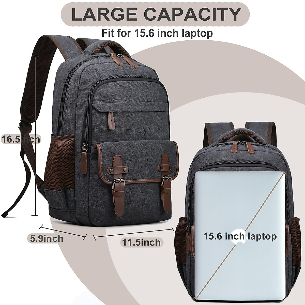 Canvas Laptop Backpack, Vintage Daypack for Men Women,Travel Work Rucksack College Bookbag Computer Bag Fits 15.6 Inch Laptop (Black)