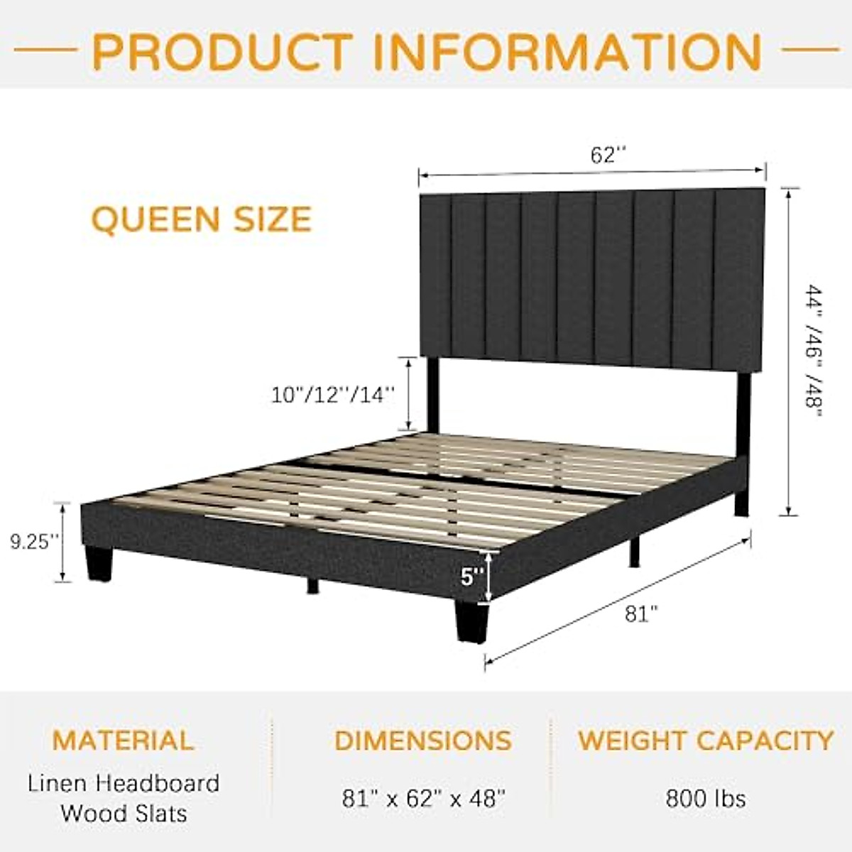SWISH WEAVERS Queen Bed Frame Upholstered Platform with Adjustable Height Headboard, No Box Spring Needed, Non-Slip and Noise-Free, Easy Assembly Solid Wooden Slats (Dark Grey)
