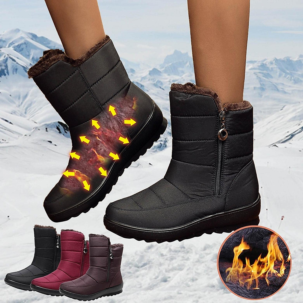 Padaleks Women's Snow Boots Winter Fur Lined Warm Shoes Anti-Slip Boot Waterproof Outdoor Short Bootie Side Zipper