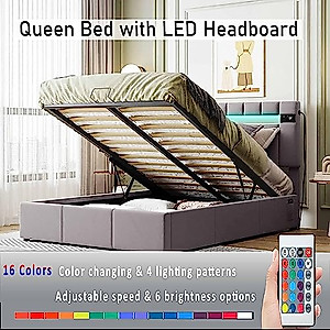 RIDFY Queen Size Bed Frame with LED Light Headboard, Modern Upholstered Bedframe with Bluetooth Player, USB Charging and Hydraulic Storage, Heavy Duty Platform Camas, Multifunctional (Gray)
