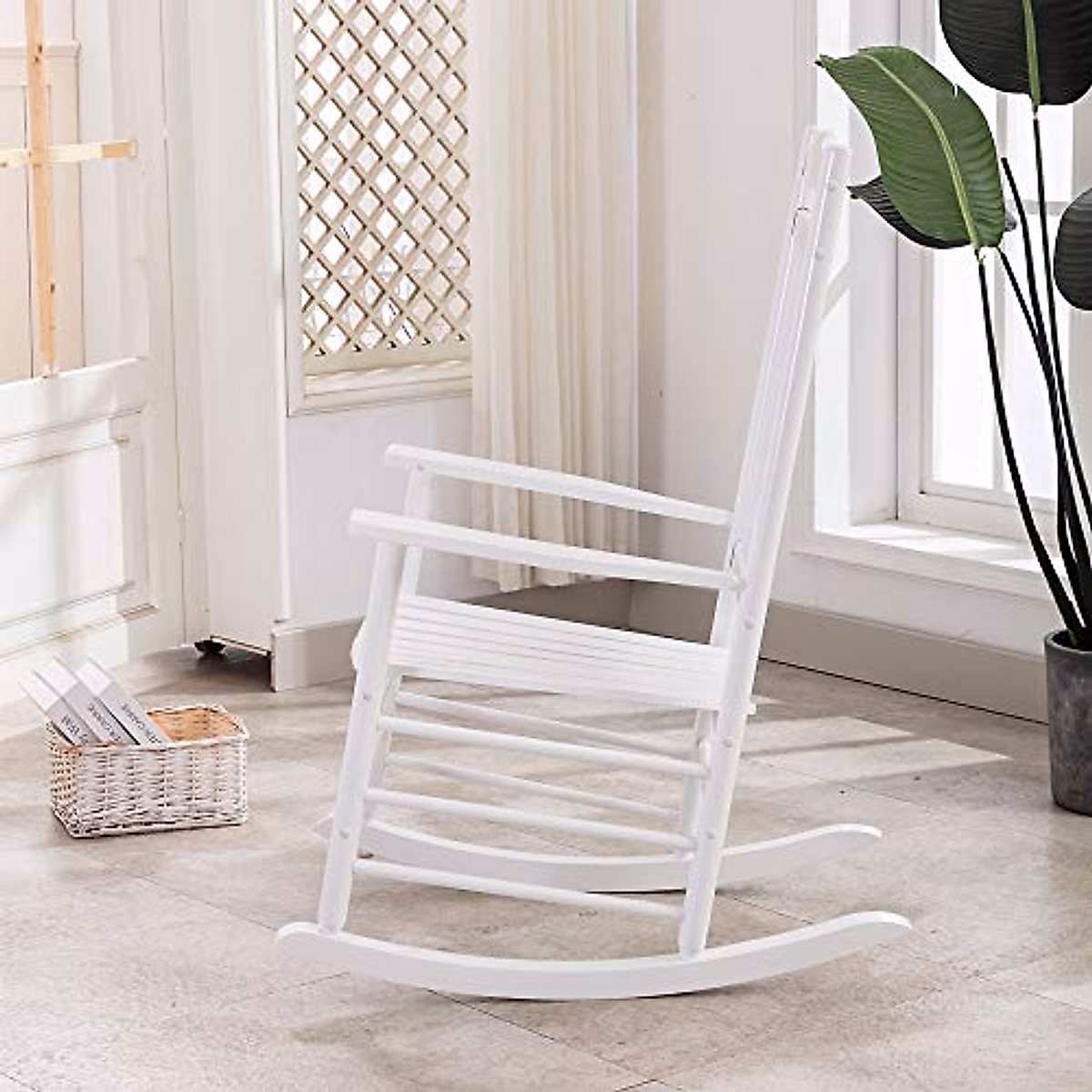 BplusZ Patio Rocking Chair Outdoor Furniture Comfy Rocker for Adults Porch Lawn Room Indoor Wooden White