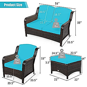 Tangkula 5 Pieces Patio Furniture Set, Outdoor Rattan Conversation Sofa Set with Loveseat, Single Sofas and Ottoman, Sectional Sofa Set with Removable Cushions for Porch, Backyard, Balcony, Lawn