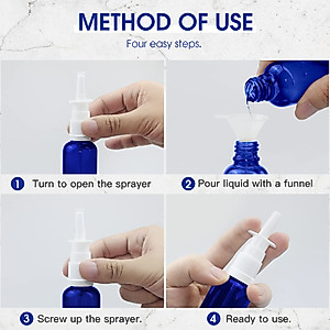 FZENeast Nasal Spray Bottle, 6 Pcs 30ML/1oz Glass Refillable Continuous Fine Mister Spray Bottles, Small Empty Nasal Sprayer with Different Sprayers, Funnels, Travel Clips and Labels(Blue)