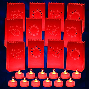 12 Pieces Luminary Paper Bags with 12 Pcs LED Flameless Candle Red Hearth Luminaries Paper Bags Flame Resistant Candle Bag for Valentine's Day Wedding Outdoor Party Home Decoration