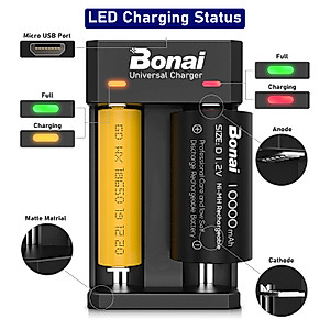 BONAI Battery Charger for 1.2V Ni-MH Ni-Cd AA AAA C D Rechargeable Batteries, All Types of 3.7V Lithium Batteries - 2 Slots USB Charger