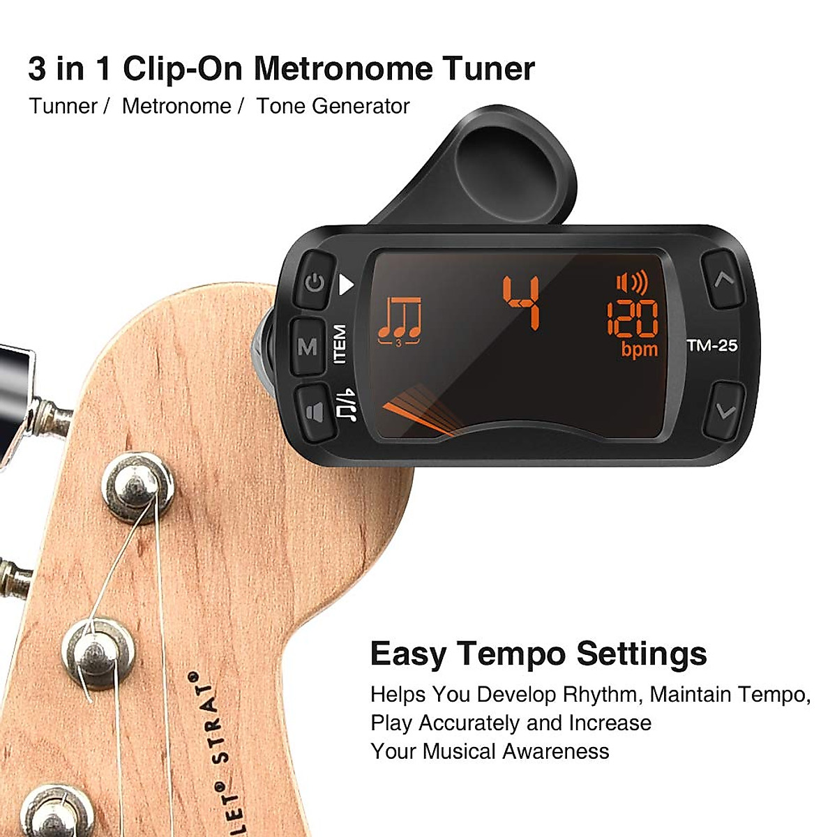 LEKATO Guitar Tuner Clip On Metronome Tuner Tone Generator 3 in 1 Multifunction Portable for All Instruments, Bass, Chromatic, Instruments, Violin and Ukulele (Battery Clipped on the Silicone Pad)