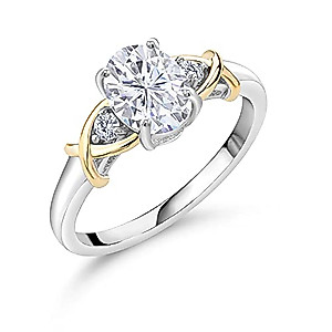 Gem Stone King 925 Sterling Silver and 10K Yellow Gold White Moissanite 3-Stone Engagement Ring | 1.58 Cttw | Oval 8X6MM | 3 Stone Wedding Anniversary Promise Ring For Women (Size 6)