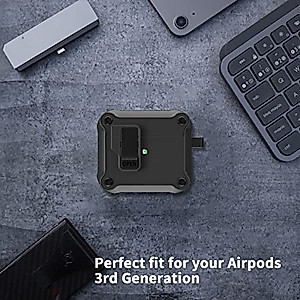 RFUNGUANGO Airpods 3rd Generation Case with Secure Lock Clip, Full Body Shockproof Hard Shell Protective, AirPods 3 Case Compatible with Apple AirPod 3rd Gen 2021 [Front LED Visible] - Black