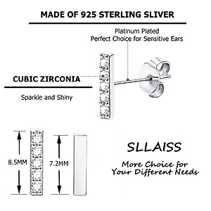 Sllaiss 2 Pairs 925 Sterling Silver Tiny Bar Stud Earrings for Women Men White Gold Plated CZ Bar Earrings Set Rectangle Line Earrings Huggie Cartilage Silver