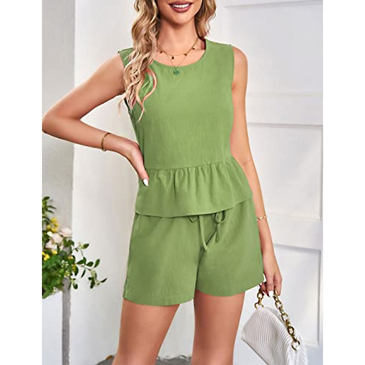 Bozanly Women's Summer 2 Piece Outfits Sleeveless Ruffle Crop Tank Top High Waist Wide Leg Shorts Sets(0680-Green-XL)