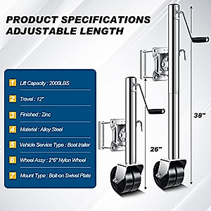 Swivel Trailer Jack with 6 Inch Dual Wheels 2000 Lbs Capacity 12" Lift Heavy Duty Boat Trailer Jack Swing Back Anti Rust Double Wheels Trailer Tongue Jack for RV Camper Utility Accessories