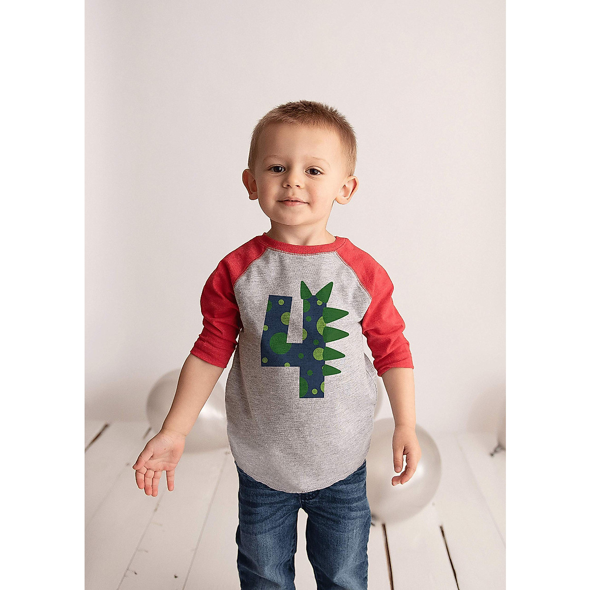 7 ate 9 Apparel Boy's Four 4 Fourth 4th Dinosaur Birthday Dino Red Raglan Tee 5T