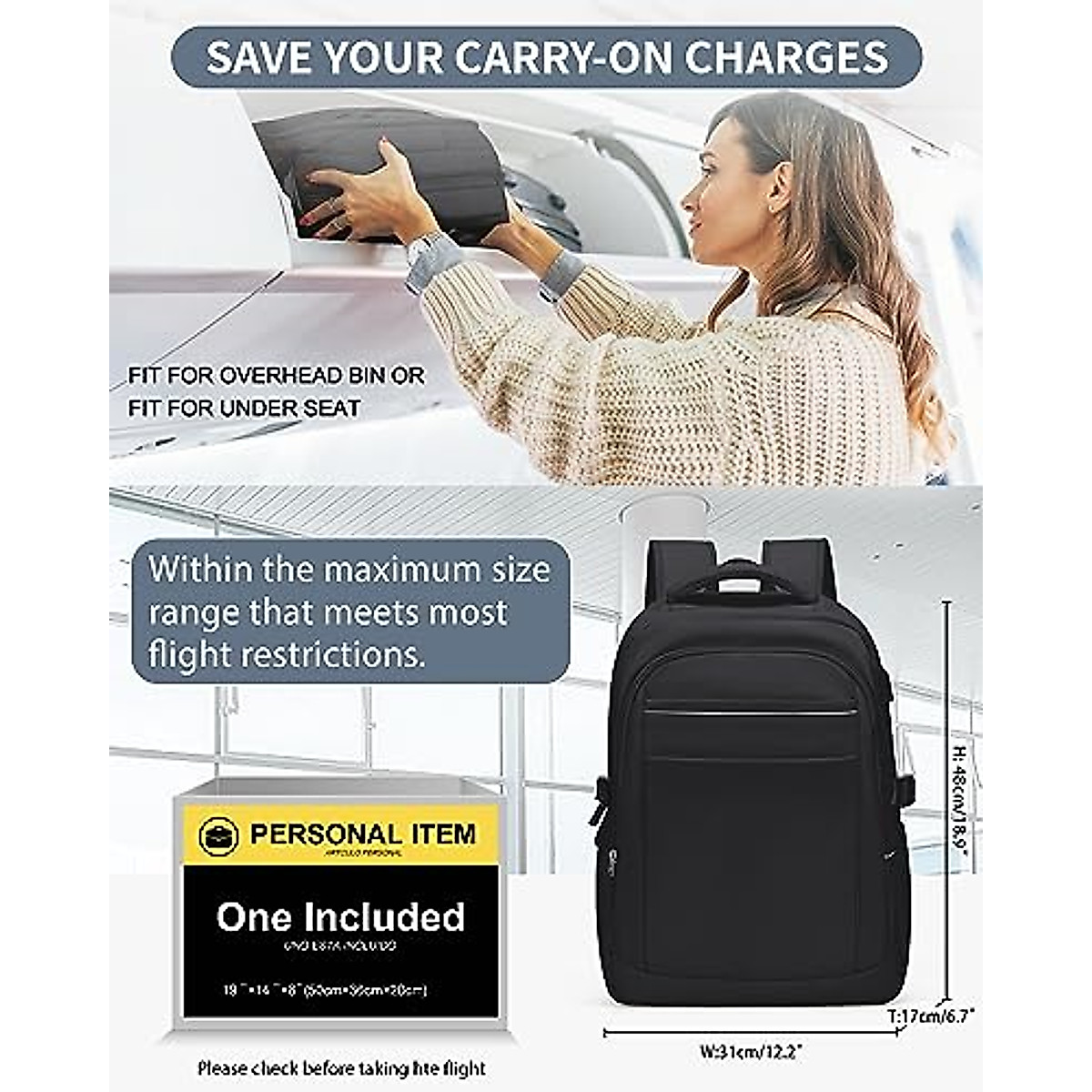 Travel Laptop Carry on Backpack for Women Men, Airline Flight Approved Waterproof 14 Inch Laptop Backpack, Casual Daypack College Personal item Bag Rucksack with USB Charging Port for Business, Black