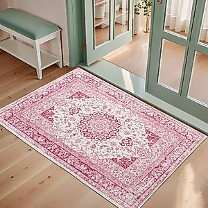 Macgace 2x3 Small Washable Rugs for Entryway, Faux Wool Vintage Throw Rug for Entrance Kitchen, Low Pile Soft Boho Floor Covering Carpet Retro Distressed Medallion Mat Traditional Interiors, Pink