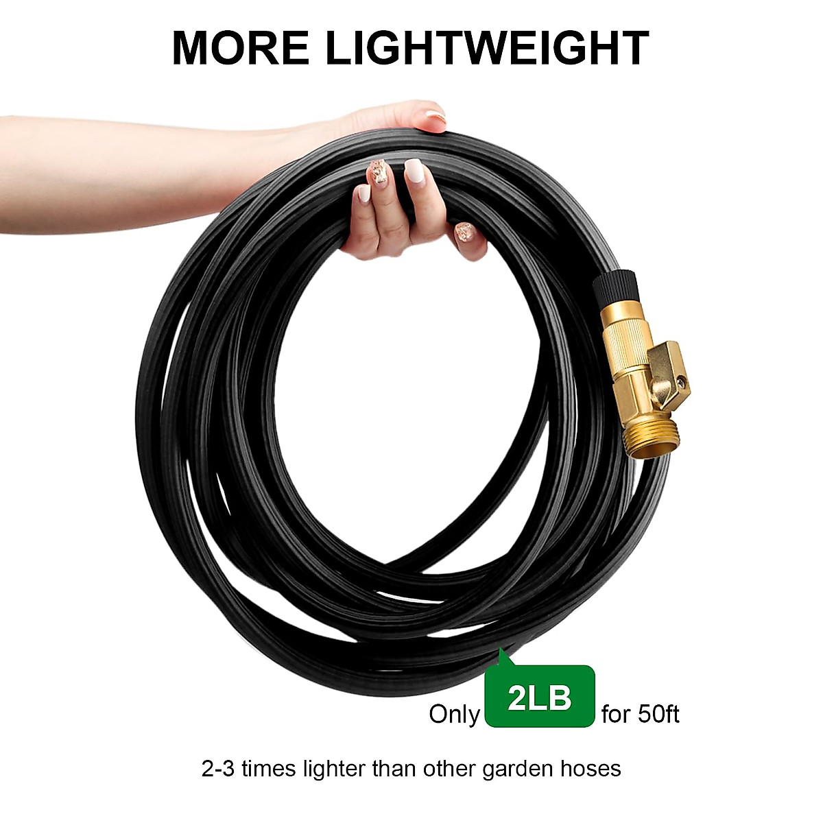 GAMSOD 50ft Expandable Garden Hose, Lightweight Gardening Flexible Hose Pipe, Solid Brass Fittings, 2.2X Expanding Flexible Latex Water Hose with Spray Nozzle -Black