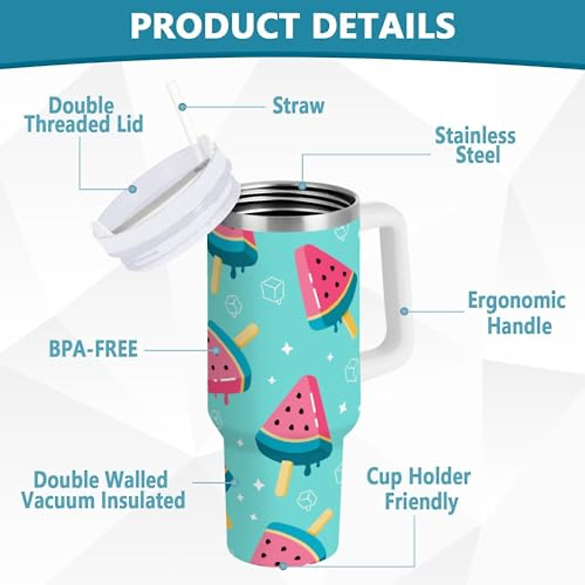DIGTIA Stainless Steel Insulated Tumbler w/Handle & Straw, Watermelon Blue Double Wall Vacuum Travel Coffee Mug Cup w/Lid, Leak-Proof Sports Ice Cream Water Bottle,40oz