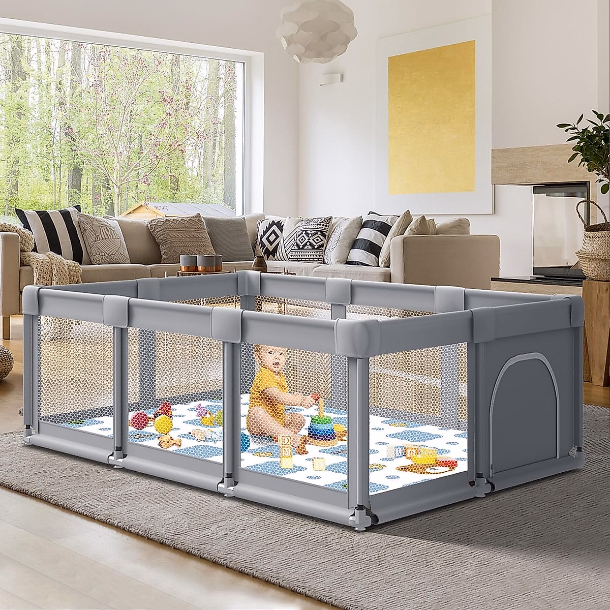 Fshibila 74" ×50" Large Baby Playpen, Baby Playard for Babies and Toddlers, Baby Fence Play Pens for Indoor & Outdoor, Sturdy Safety Play Yard with Soft Breathable Mesh, Anti-Fall, Grey